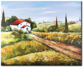 Obraz Cesta domů (1dílný) - krajina s podzimním polem na pozadí budovy