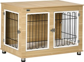 Nábytek pro psy PawHut - klec s 2 dveřmi, polštářem a 2 zámky, kovová boudička pro velké psy do 25 kg, boční stolek, rozměr 90 x 58 x 65 cm, dub | Aos