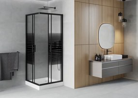 Mexen Rio, čtvercový sprchový kout 80(dveře)x80(dveře)x190 cm, 5mm čiré sklo-vzor pásky, černý profil + bílá sprchová vanička RIO, 860-080-080-70-20-4510