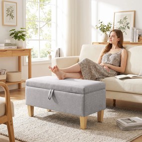 HOMCOM Lavice s úložným prostorem v lněném vzhledu, čalouněný podnožník s nohami z gumovníkového dřeva, úložný box, světle šedý