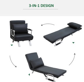 HOMCOM Rozkládací pohovka 2 v 1 s nastavitelným opěradlem 65L x 77W x 80H cm, snímatelný potah, polštáře, robustní a nerezavějící, polyester černá | …