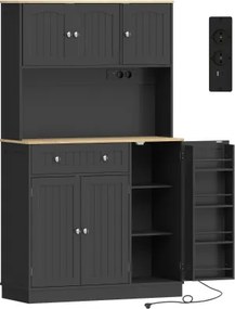 HOMCOM vysoká kuchyňská skříň, kuchyňská skříňka, nabíjecí stanice, 6 dveří, pracovní deska, držák na koření, 100x40x173 cm, černá