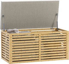 HOMCOM úložný taburet do ložnice 122L - čalouněná lavice ze syntetického lnu s bambusovým rámem pro předsíň a obývací pokoj 90x42x43 cm šedá a přírodn