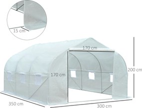 Fóliový skleník Outsunny 3,5x3x3m s UV ochranou, odolný proti větru, síťované okno, ideální pro rajčata a rostliny na zahradě nebo balkoně, kov, bílý…