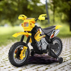 HOMCOM Dětská Elektrická Motorka, Krosová Motorka pro Děti s 6V Baterií, Světly, Hudbou a Přídavnými Koly, Věk 3-6, Nosnost 25KG, Žlutá a Černá | Aoso