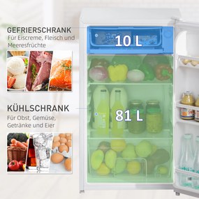 HOMCOM Mini lednička, kapacita 91 litrů, mrazák, nastavitelné police, tichý provoz, kompaktní rozměry, plast, ocel, bílá