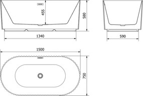 Mexen Paola, volně stojící vana, drážkovaná, 150 x 75 cm, černá matná, zlatý lesklý přepad, 52721507571-50