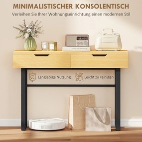 HOMCOM Úzký konzolový stolek se 2 zásuvkami, průmyslový kovový rám, přírodní – 110 × 35 × 76,5 cm