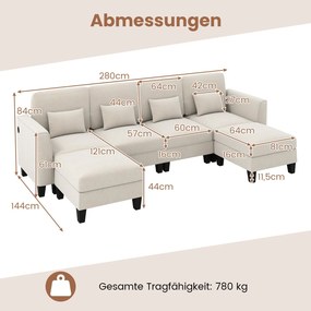 Costway 280 cm Rohová pohovka s 2 Osmanská modulární pohovka ve tvaru