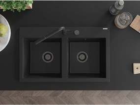 Mexen Hektor, 2-komorový granitový dřez 800x480x205 mm, černá, grafitový sifon, 6521802000-77-B