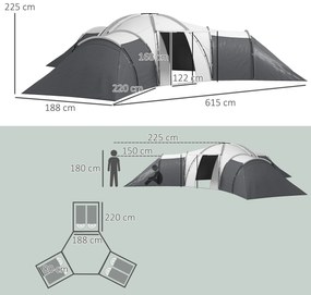 Outsunny tunelový stan kempinkový stan pro 6-9 osob se 3 ložnicemi, obývacím pokojem a verandou, 2000 mm vodní sloupec, šedý | Aosom.de