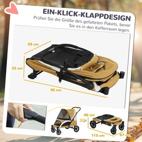 Kočárek pro psy, skládací kočárek pro velké psy, kočárek pro domácí mazlíčky se 4 koly, bezpečnostním vodítkem, brzdami, hnědý