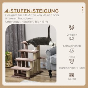 PawHut 4stupňové schody pro kočky se škrabadlem pro domácí mazlíčky do 5 kg, schody pro psy s míčkem na hraní, plyš, hnědá, 60 x 40 x 64 cm | Aosom.de