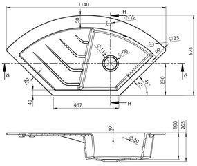 Sapho, Granitový vestavný dřez rohový s okapem 114x57,5 cm, černý, GR1934