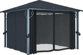 Altán se závěsy a světelnými LED řetězy 3x3m antracitový hliník 3070333