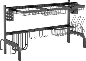 HOMCOM Sušák na nádobí, dvoupatrový stojan na nádobí s háčky, stojan na talíře, příslušenství, 100 cm sušák na nádobí pro dřez, ocel, černý | Aosom