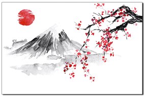 Obraz na plátně - Tradiční sumi-e obraz: sakura, slunce a hory 1271A (60x40 cm)