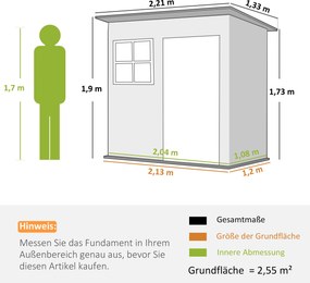 Zahradní Kůlna Outsunny 2,55m², Kůlna s Pultovou Střechou, 221 x 133 x 190/173 cm, Nářaďová Kůlna s Zamykatelnými Dveřmi, Okno, Garáž na Kolo, Ocelov…