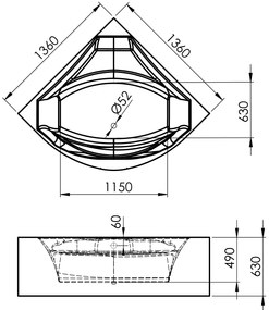 Polysan Rosana MONOLITH rohová vana 136×136×63 cm, bílá/černá, 64119MB