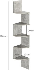 HOMCOM Stěnná rohová polička v zigzag designu 20Š x 20H x 126V cm, 5 úrovní, dřevo, šedá