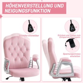 Kancelářská židle HOMCOM pro ženy, ergonomická kancelářská židle s houpací funkcí, výškově nastavitelná, nosnost 120 kg, růžová| Aosom
