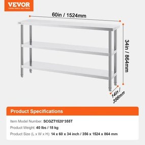 Nerezový stůl na přípravu jídla Komerční kuchyňský pracovní stůl 35,6 × 152,4 cm