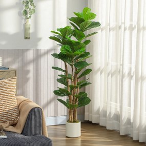 HOMCOM umělý fíkus lyrovitý, 150 cm – 71 listů, dřevěný kmen, v květináči, realistické plastové listí pro obývací pokoj, ložnici, kancelář, zahradu