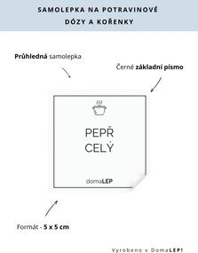 Samolepka na kořenky PEPŘ CELÝ průhledná  5 × 5 cm základní písmo