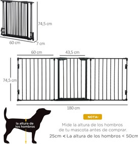 Skládací psí zábrana PawHut 180x74,5 cm s 3 panely a automatickým zámkem pro bezpečnostní bránu na schodiště a chodby - černá