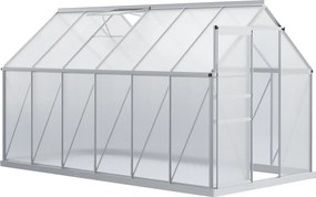 Zahradní skleník Outsunny s polykarbonátem 7,1 m² rozměry 1,9L x 3,75W x 1,99H se základem, nastavitelným střešním oknem a posuvnými dveřmi - Stříbrný
