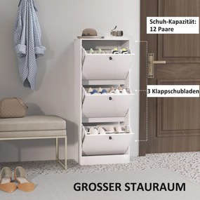 HOMCOM Botník se 3 skládacími dvířky, botník s nastavitelným děličem, štíhlý botník pro 12 párů bot 47 x 28 x 115 cm, bílý