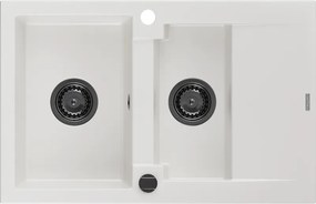 Mexen Gaspar, granitový dřez 737x475x177 mm, 1,5-komorový, bílá s černým sifonem, 6507731505-20-B