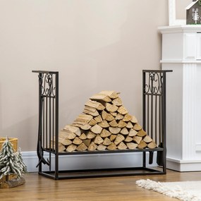 HOMCOM Stojan na palivové dřevo s krbovým nářadím 75 x 30 x 60 cm, černý ocelový stojan na palivové dřevo, skladování palivového dřeva a krbové nářadí