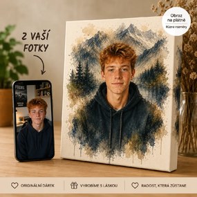 Foto obraz z vlastní fotky na plátno – Pánský akvarelový portrét s přírodou Rozměry obrazu: 40 x 50 cm