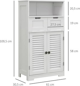 kleankin Samostatná Koupelnová Skříňka, Úložný Nábytek, Nastavitelná Police, Úsporná Skříň, 2 Dveře, 2 Zásuvky, Nika, 61 x 30,5 x 109,5 cm, Bílá