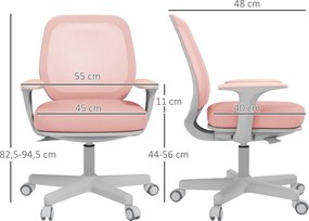 Ergonomická kancelářská židle Vinsetto z prodyšné tkaniny s 5 kolečky, nastavitelná výška, 55x48x82,5-94,5 cm, Růžová