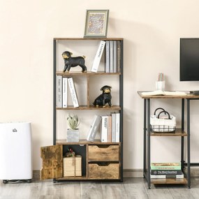 HOMCOM Knihařský regál s kabinetem a 2 úložnými šuplíky, průmyslový styl, 58x24x122 cm, rustikální hnědá