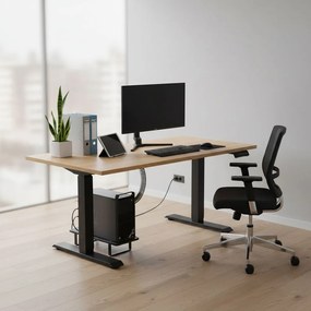 Výškově nastavitelný stůl OfficeTech C, 140 x 80 cm, černá podnož, dub kamenný