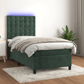 Box spring postel s matrací a LED tmavě zelená 90x200 cm samet 3136344