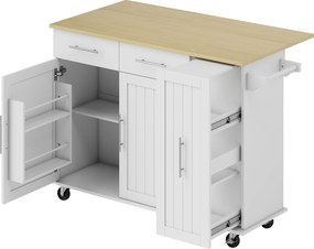 HOMCOM kuchyňský ostrůvek na kolečkách, skládací pracovní deska, 2 dveře se soft-close, vysouvací polička, 2 zásuvky, bílá