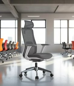 Kancelářská ergonomická židle WISDOM s podhlavníkem — síť, šedý plast, nosnost 150 kg, světle šedá Mercury star