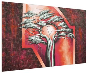 Orientální červený obraz stromu a slunce (120x80 cm)