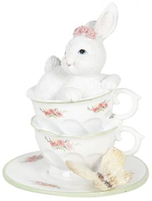 Dekorace bílé králičí slečny v porcelánových šálcích s motýlem – 12x12x15 cm