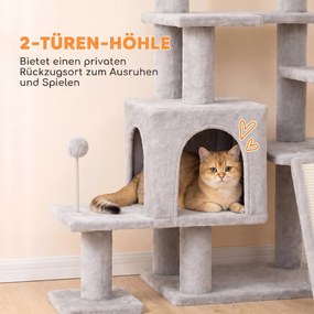 PawHut Škrabadlo velké, 152 cm vysoký kočičí strom se škrabacími sloupky, jeskyně 2 vstupy, 3 míčky, houpačka, 6 kg, světle šedá