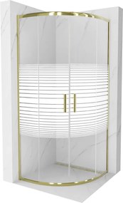 Mexen Rio, čtvrtkruhový sprchový kout 90(dveře)x90(dveře)x190 cm, 5mm čiré sklo s pásky, zlatý profil, 863-090-090-50-20