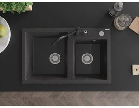 Mexen Tomas, granitový dřez 800x500x190 mm, 2-komorový a dřezová baterie Carla, černá skvrnitá, 6516-76-670700-70