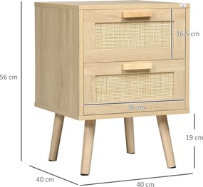 HOMCOM Set 2 Nočních Stolků, Boční Stoly, 2 Zásuvky s Ratanovými Předními Stranami, Boho Styl, Noční Stolky, Nohy z Přírodního Borového Dřeva | Aosom