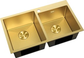 Mexen Xorin, 2-komorový nerezový dřez 780 x 450 mm, broušená zlatá, vzor voština, 6441782000-55HC