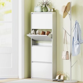 HOMCOM Kovový botník se 4 sklápěcími dvířky, úzký botník pro 8 párů bot 55 x 15 x 139,5 cm Bílý