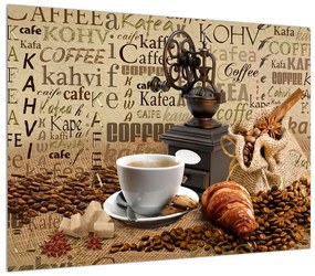 Obraz kávy, mlýnku a croissantů (70x50 cm)